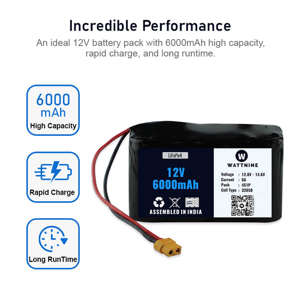 WATTNINE® 12.8V 6Ah Lithium Battery Pack - LiFePo4 Battery with 3 year ...